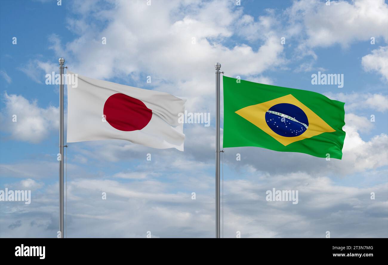 Brazil and Japan flags waving together on blue cloudy sky, two country ...