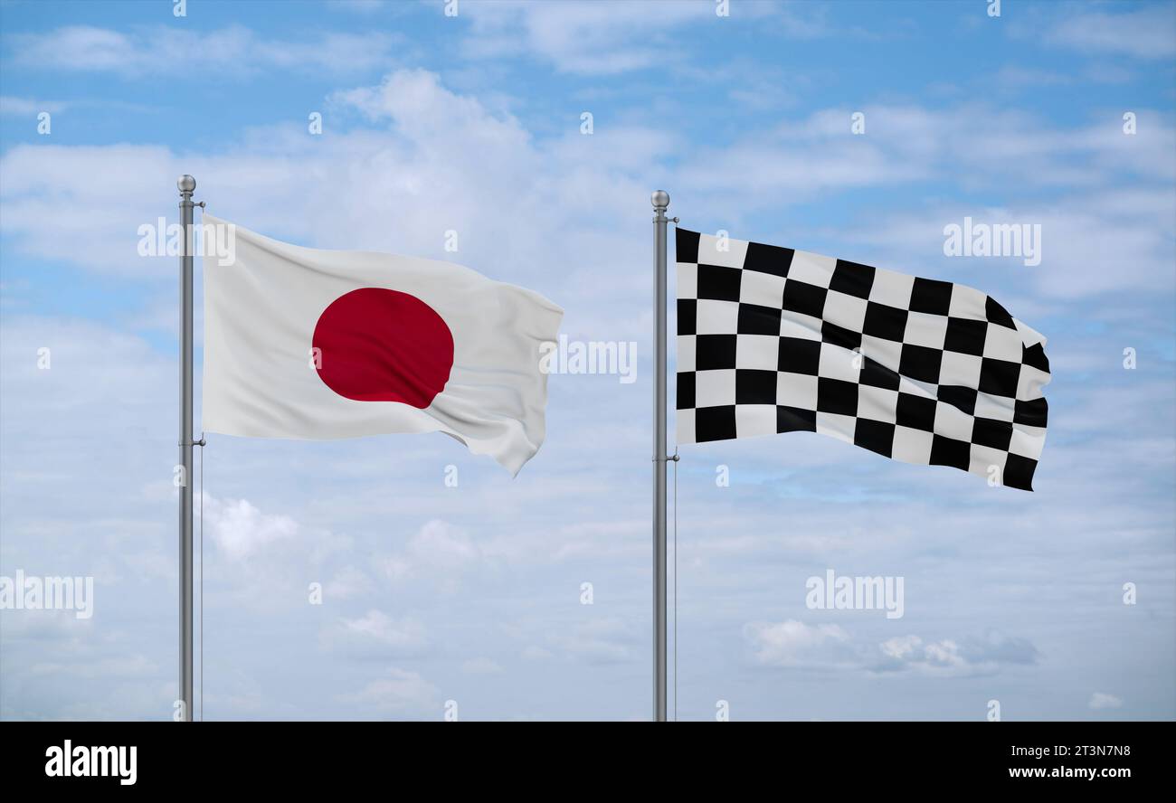 Checkered racing and Japan flags waving together on blue cloudy sky ...