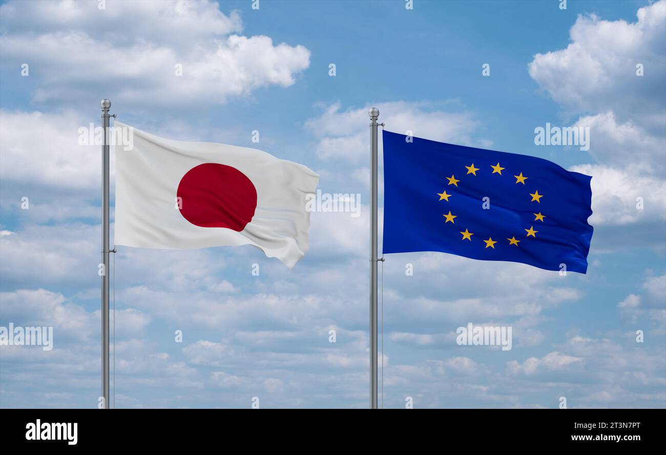 European Union and Japan flags waving together in the wind on blue ...