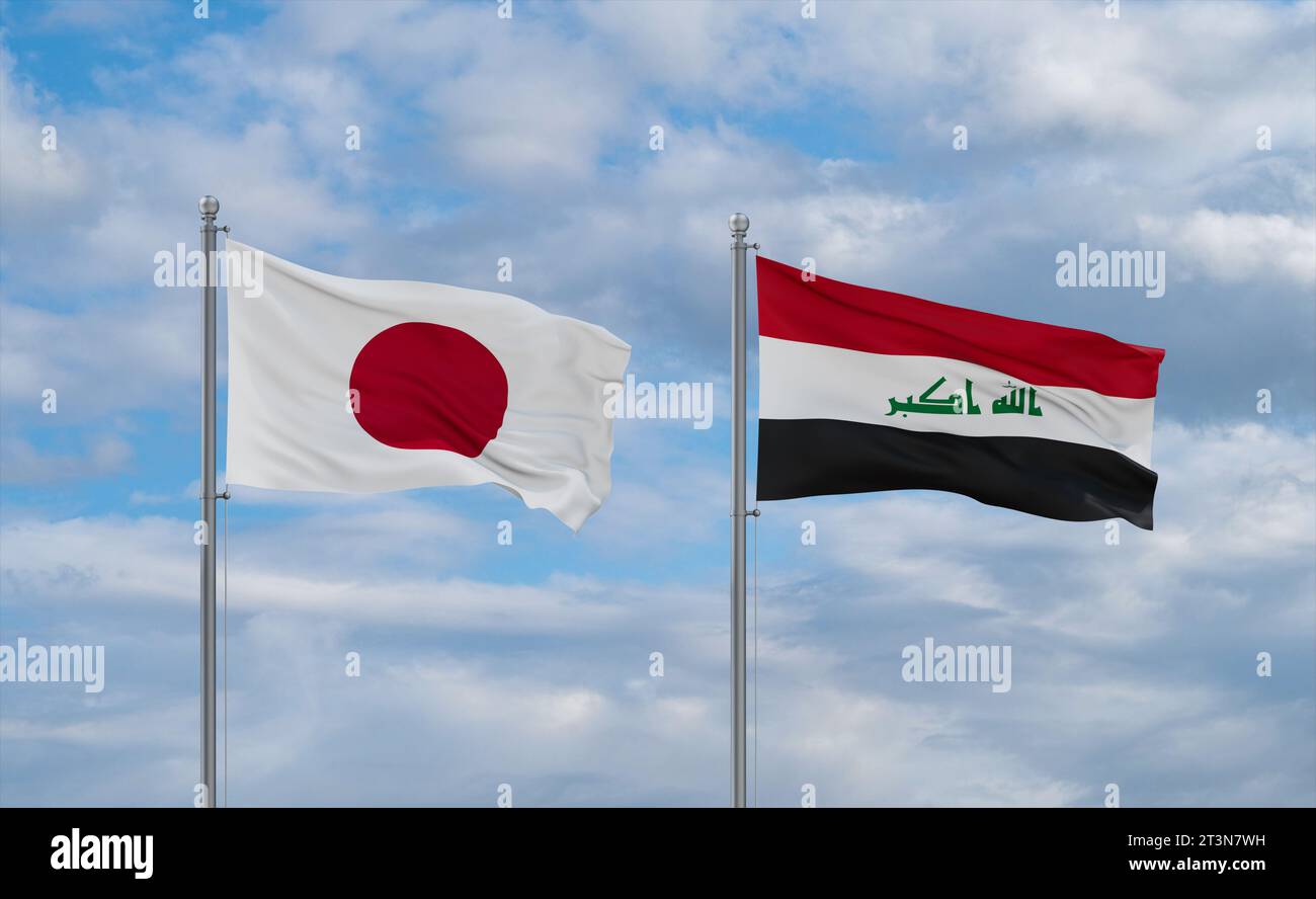 Iraq and Japan flags waving together on blue cloudy sky Stock Photo - Alamy