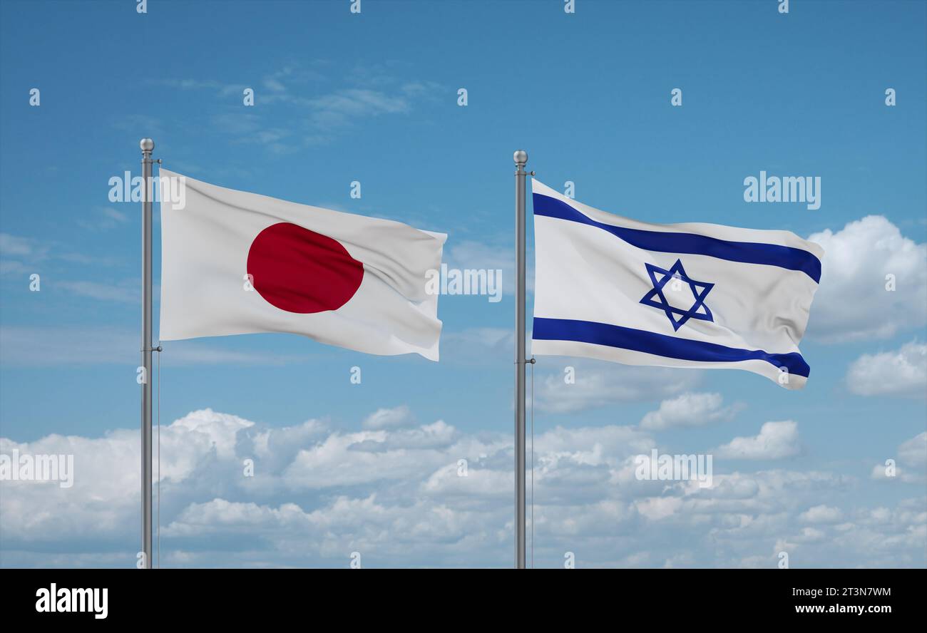 Israel and Japan flags waving together on blue cloudy sky, two country ...