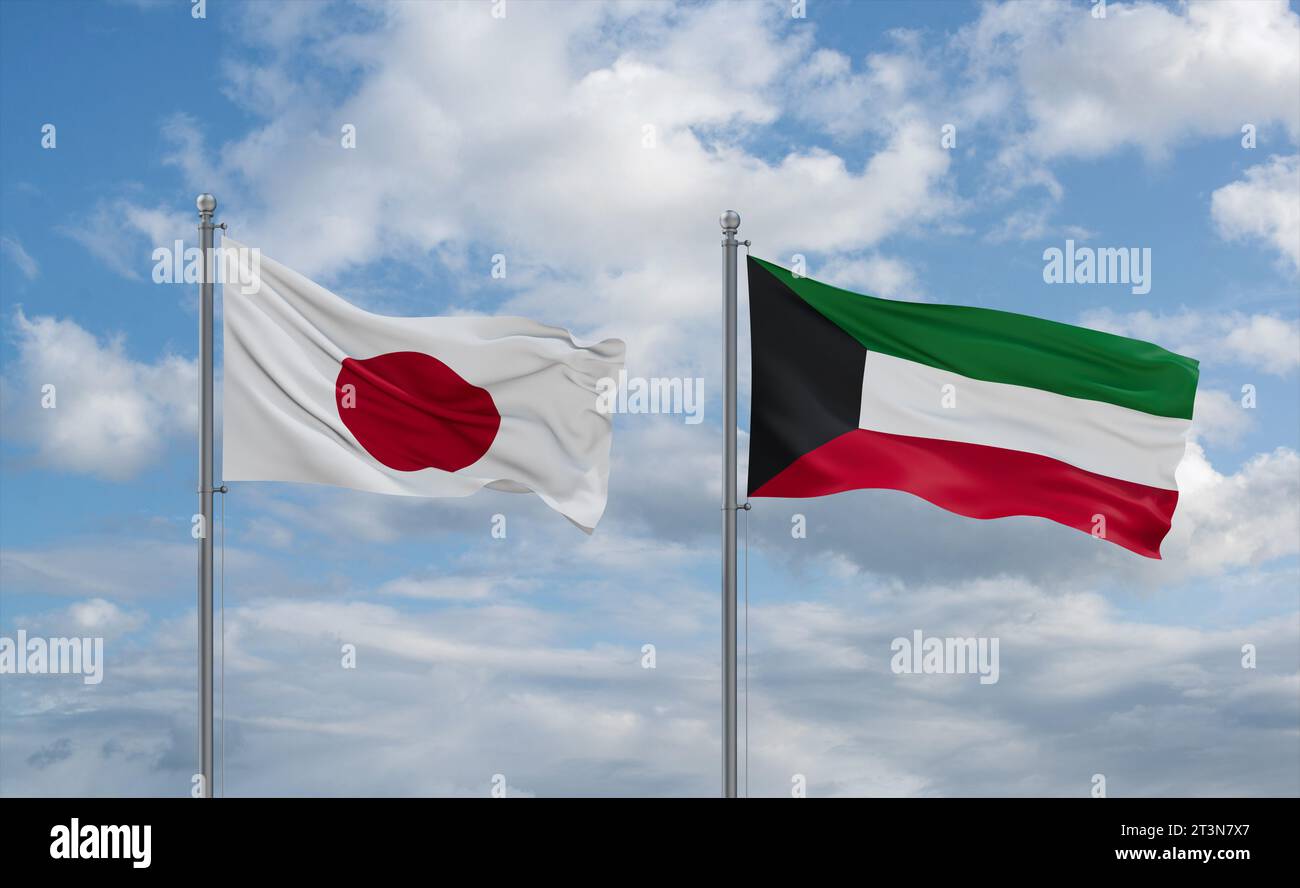 Kuwait and Japan flags waving together in the wind on blue cloudy sky ...
