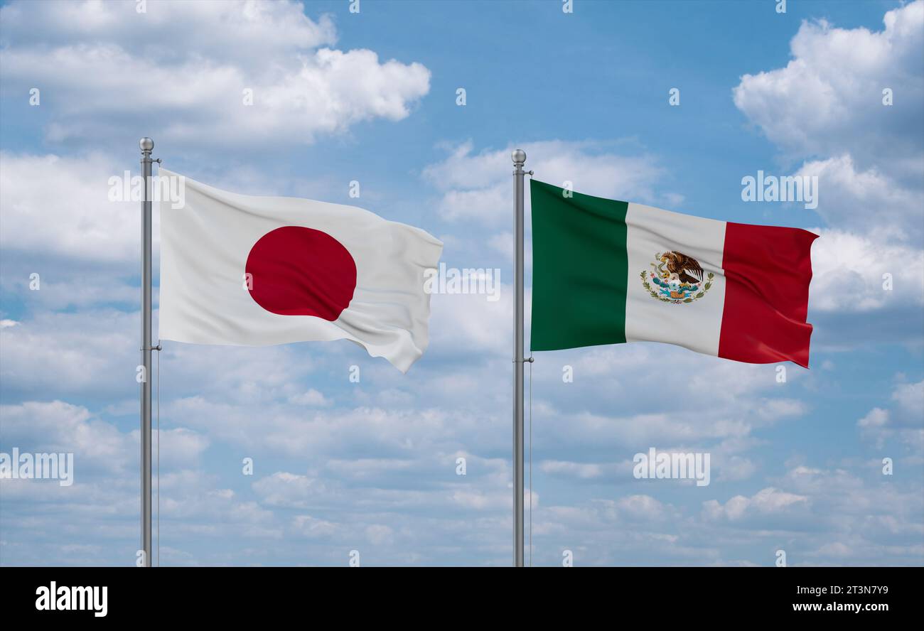 Mexico and Japan flags waving together on blue cloudy sky, two country ...