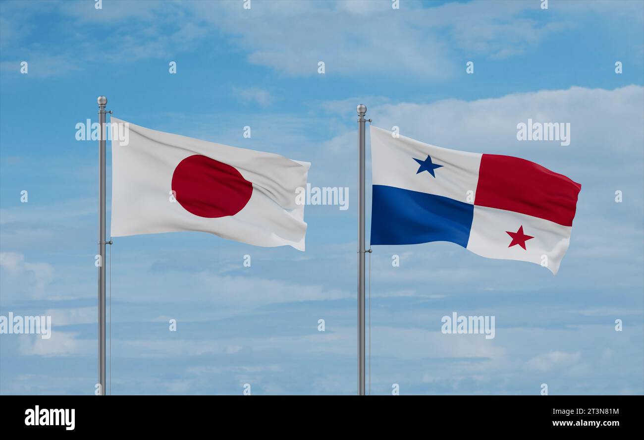 Panama and Japan flags waving together on blue cloudy sky, two country ...