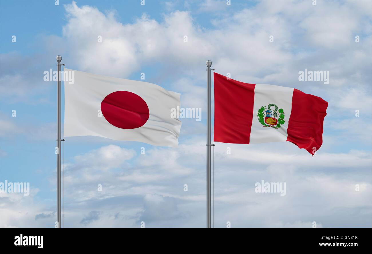 Peru and Japan flags waving together in the wind on blue cloudy sky ...