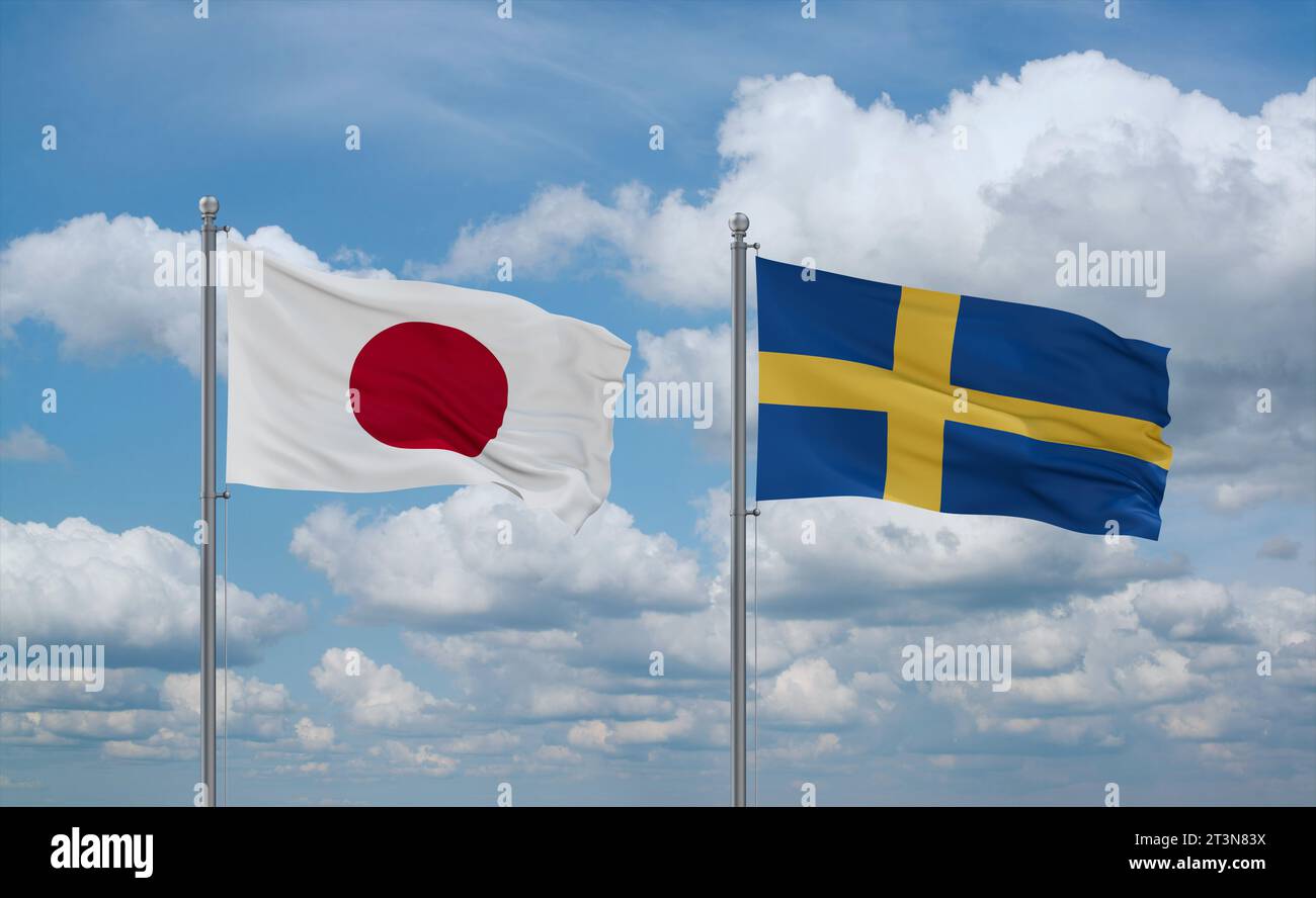 Sweden and Japan flags waving together in the wind on blue cloudy sky ...