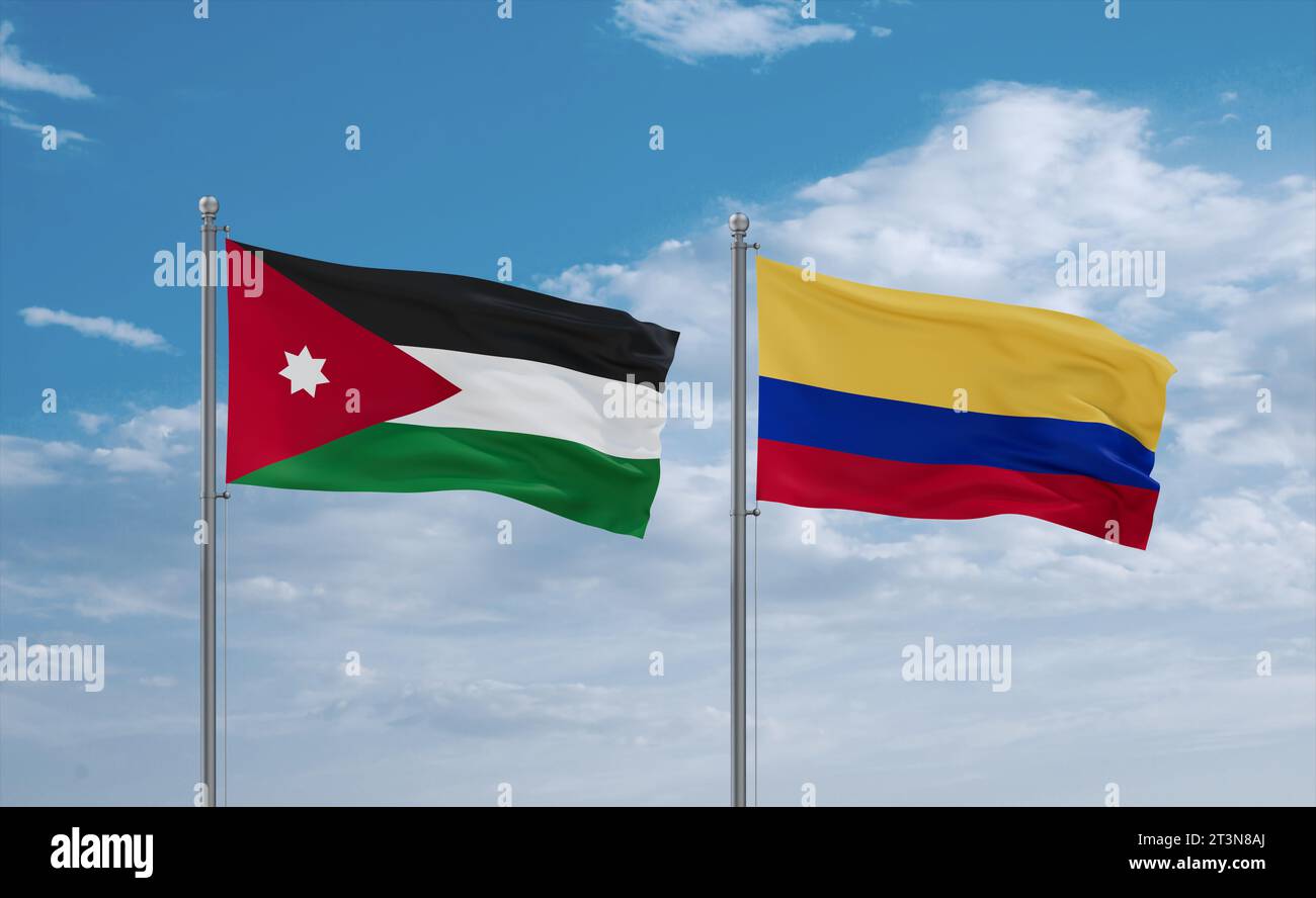 Colombia and Jordan flags waving together in the wind on blue cloudy ...