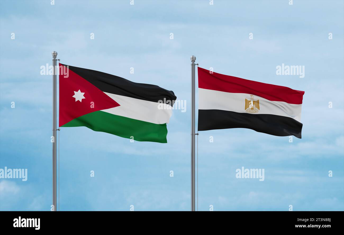 Egypt and Jordan flags waving together on blue cloudy sky, two country ...