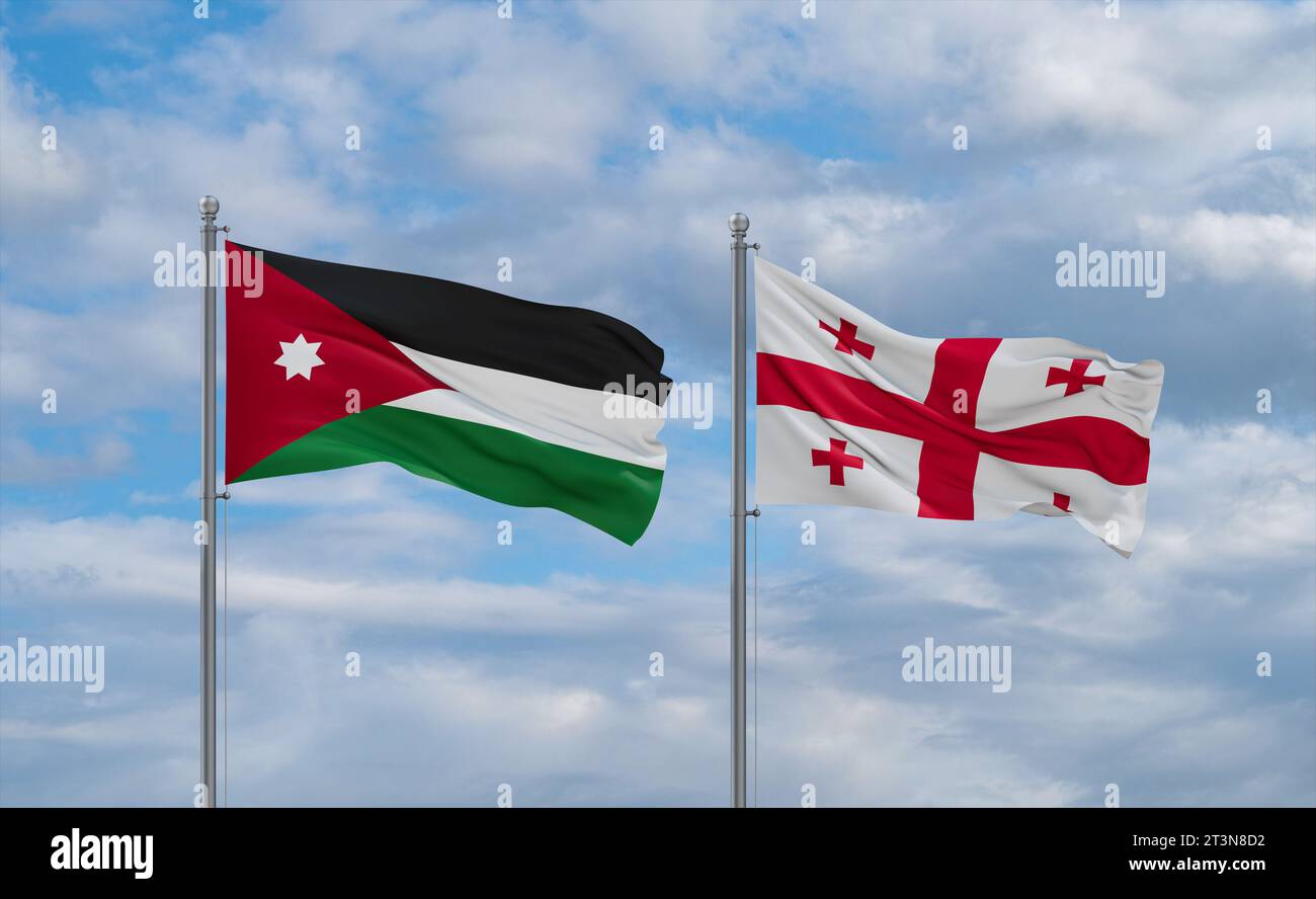 Georgia and Jordan flags waving together on blue cloudy sky, two ...