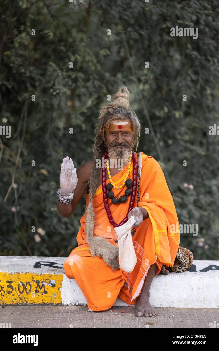 AMILNADU INDIA - FEB 15, 2023: Old Indian Hindu sadhu with dread-lock ... AMILNADU INDIA - FEB 15, 2023: Old Indian Hindu sadhu with dread-lock ...