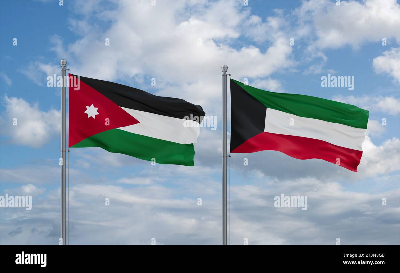 Kuwait and Jordan flags waving together in the wind on blue cloudy sky ...