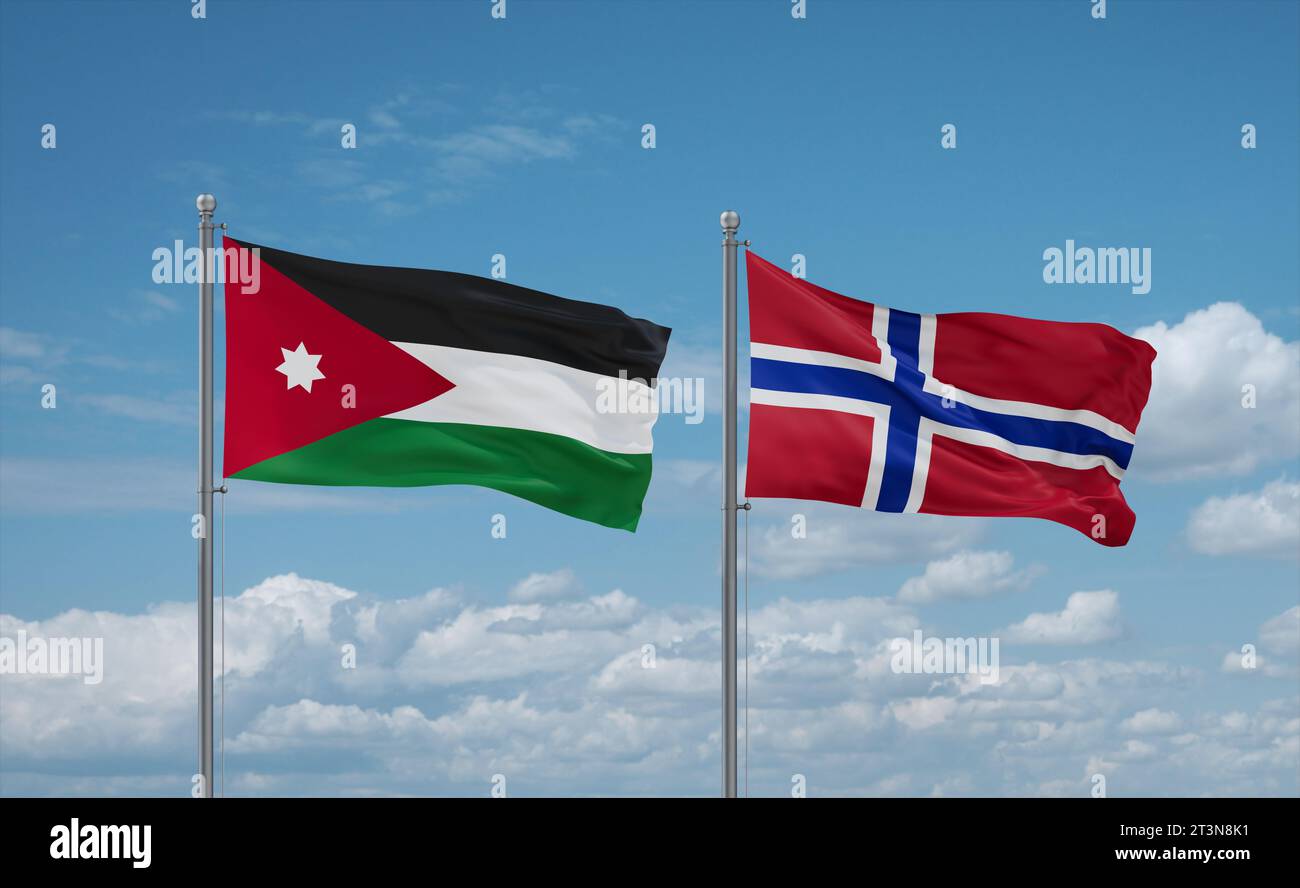 Norway and Jordan flags waving together on blue cloudy sky, two country ...