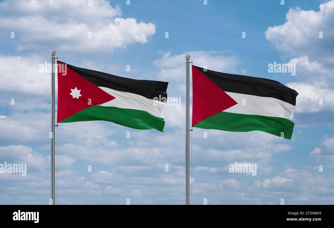 Palestine and Gaza Strip and Jordan flags waving together on blue ...