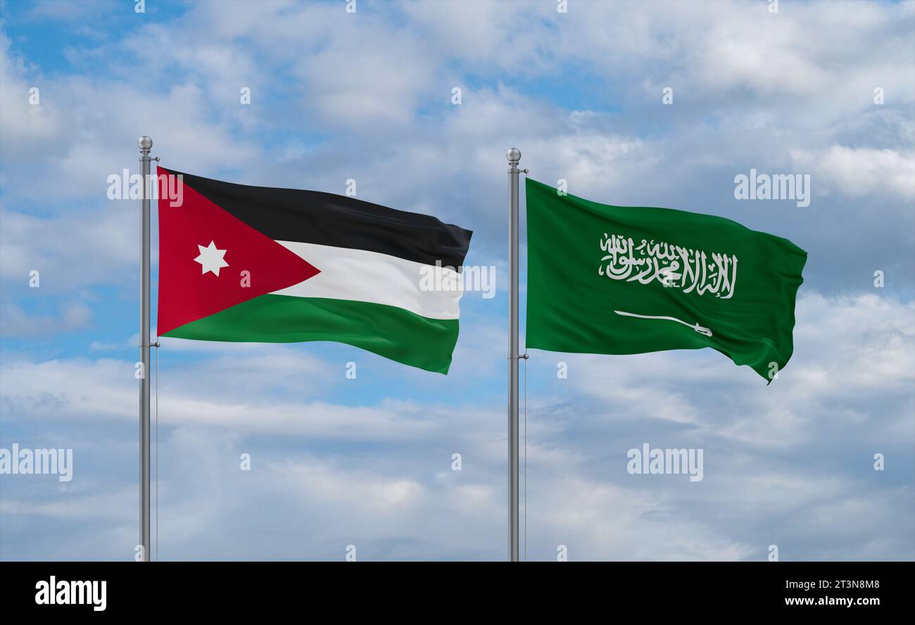 Jordan and Saudi Arabia flags waving together in the wind on blue ...