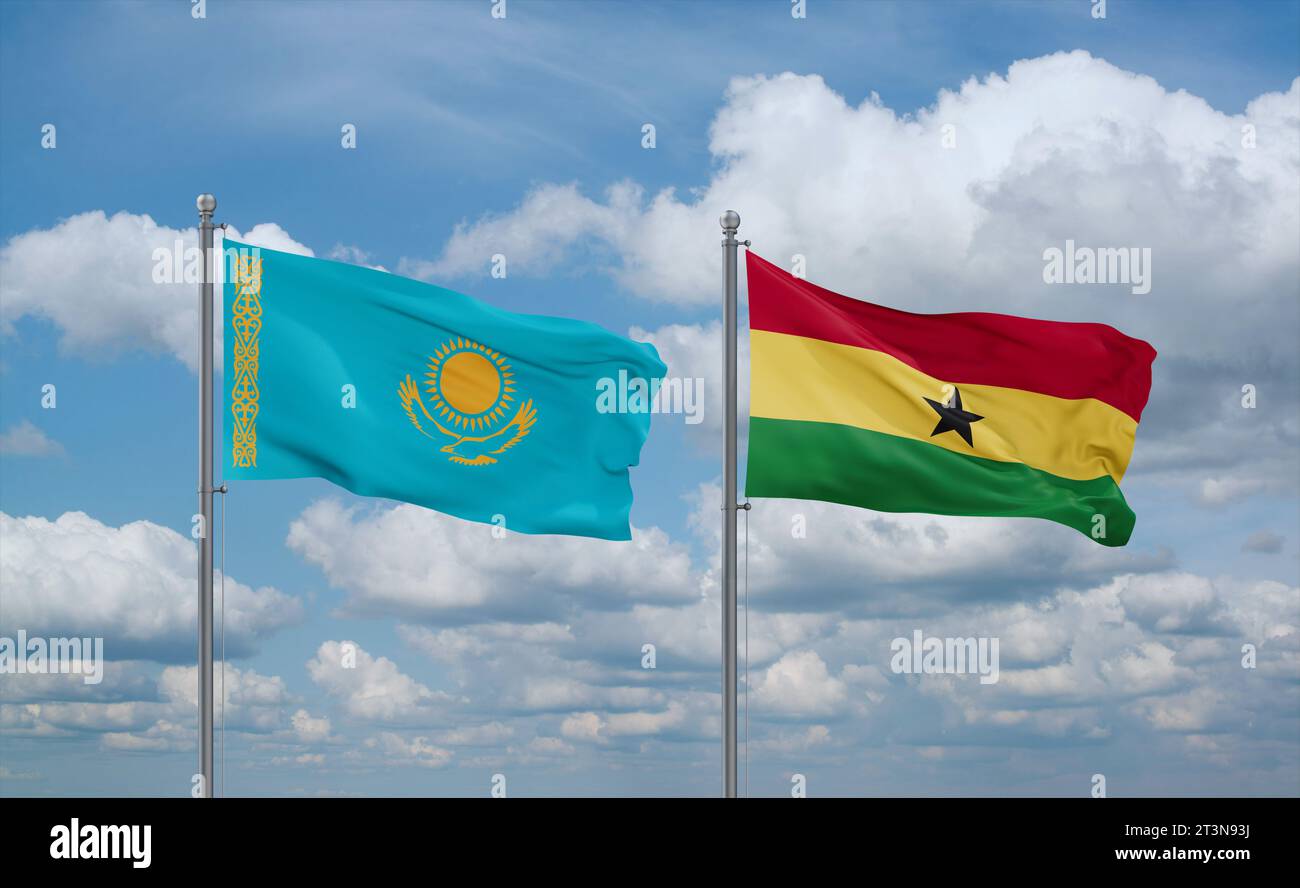 Ghana and Kazakhstan flags waving together on blue cloudy sky, two country relationship concept ...