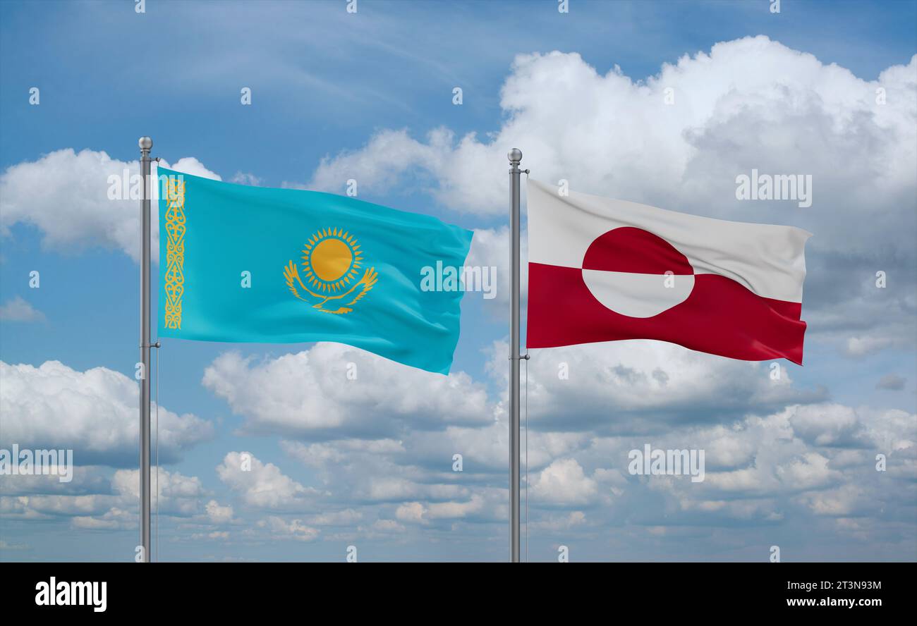 Greenland and Kazakhstan flags waving together on blue cloudy sky, two country relationship ...