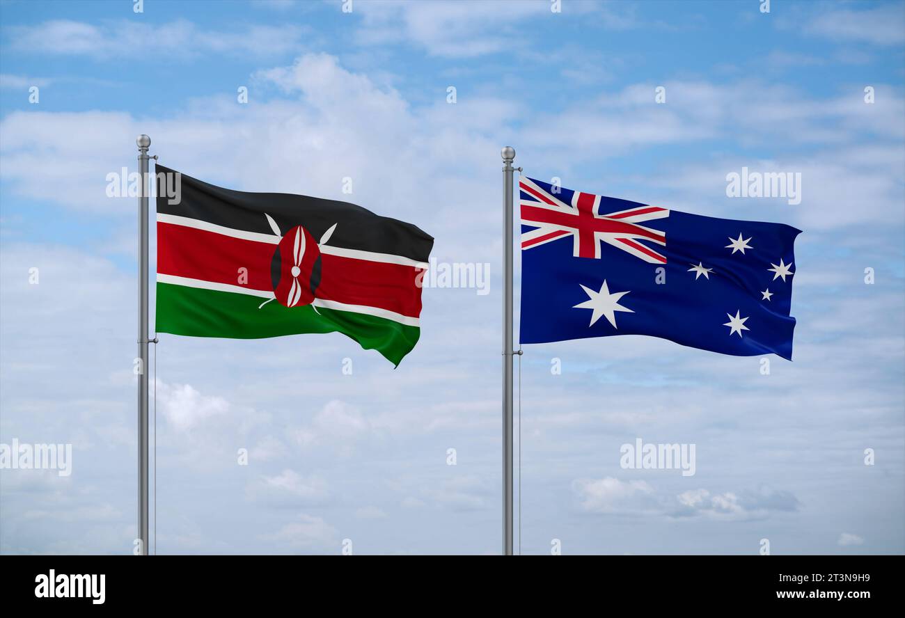 Australia and Kenya flags waving together on blue cloudy sky, two ...