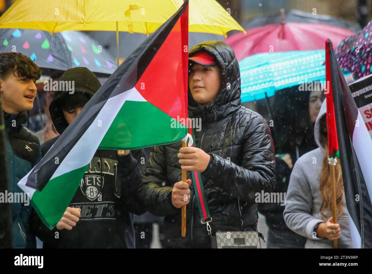 Gijon, Spain, 26th October, 2023 A girl waves a Palestinian flag during ...