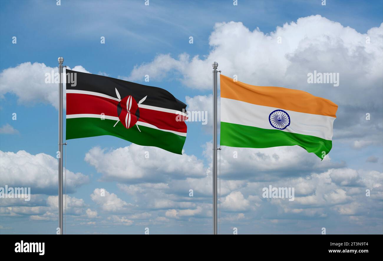 India and Kenya flags waving together on blue cloudy sky, two country ...