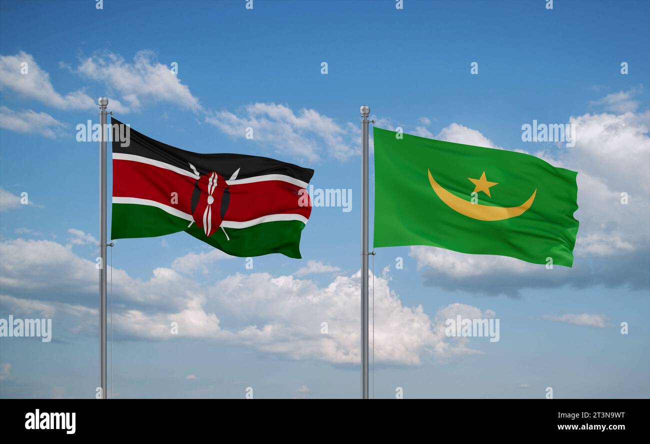 Mauritania and Kenya flags waving together on blue cloudy sky, two ...
