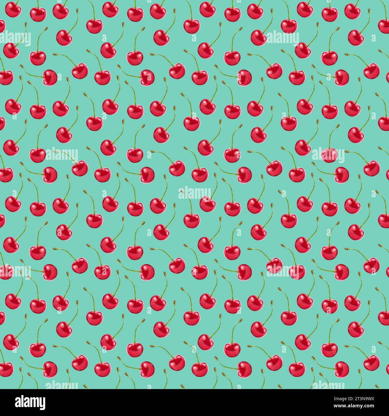 Illustration realism seamless pattern berry red cherry on a blue green ...