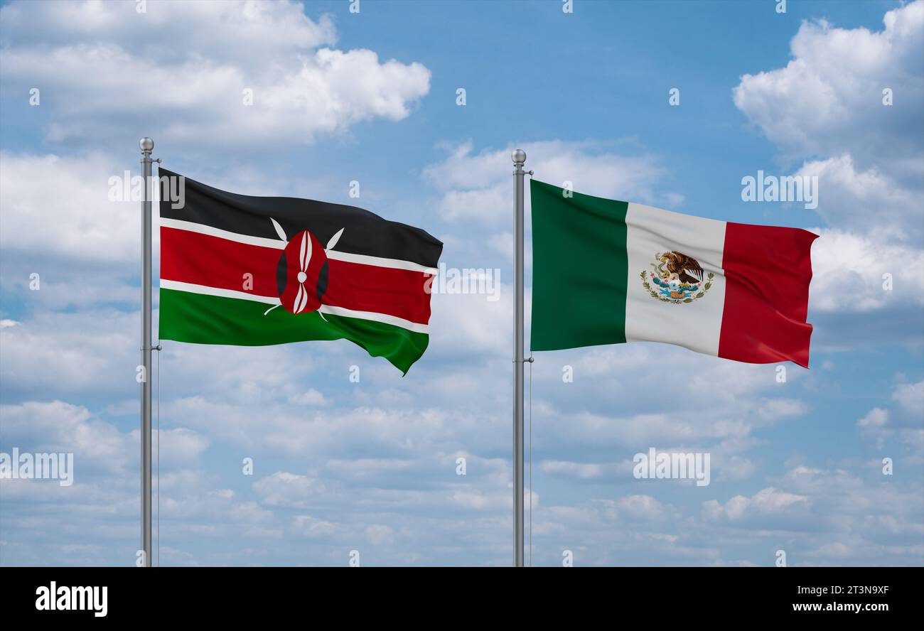 Mexico and Kenya flags waving together on blue cloudy sky, two country ...