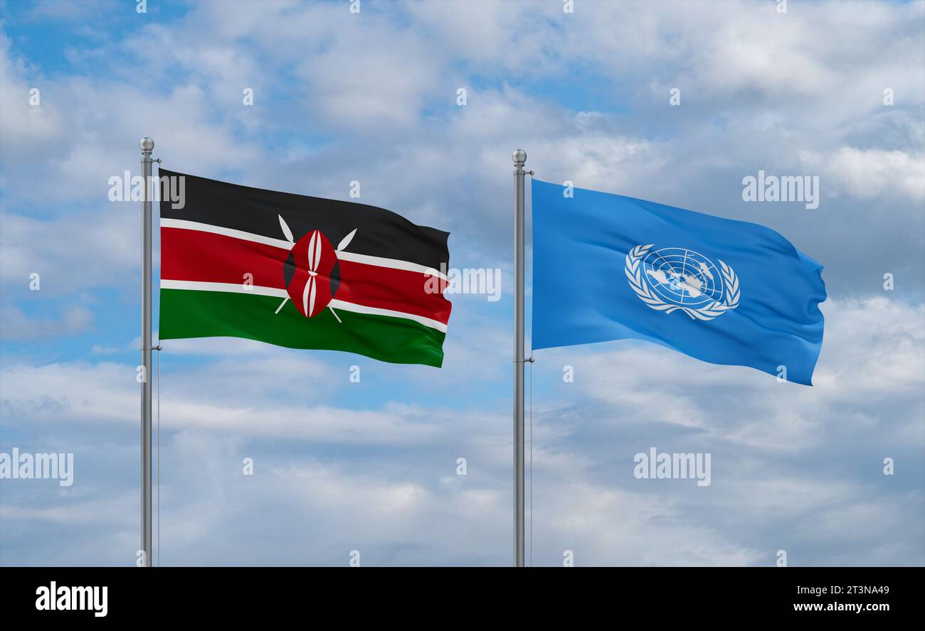 United Nations and Kenya flags waving together in the wind on blue ...