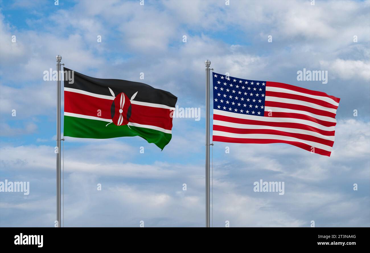 USA and Kenya flags waving together in the wind on blue cloudy sky, two ...