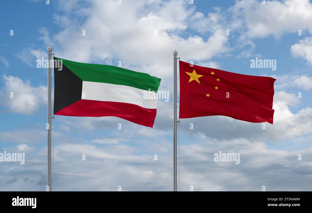 China and Kuwait flags waving together on blue cloudy sky, two country ...