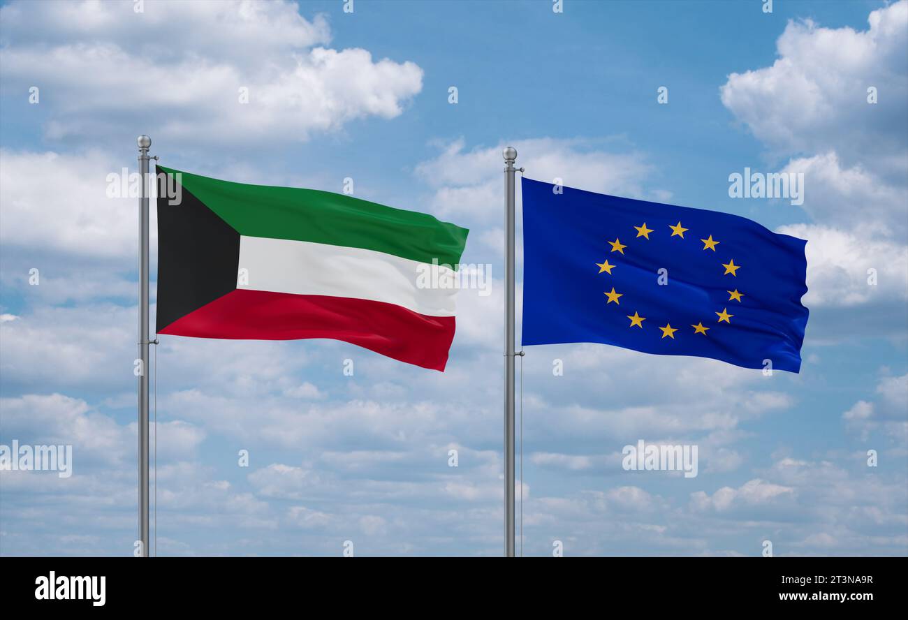 European Union and Kuwait flags waving together in the wind on blue ...