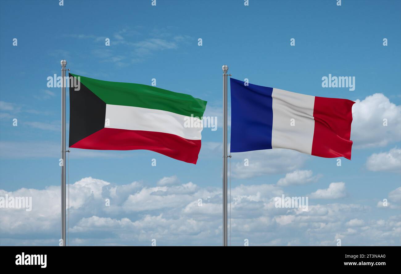 Kuwait and France flags waving together on blue cloudy sky, two country relationship concept ...