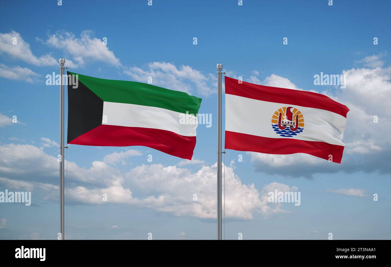 Kuwait and French Polynesia flags waving together on blue cloudy sky ...