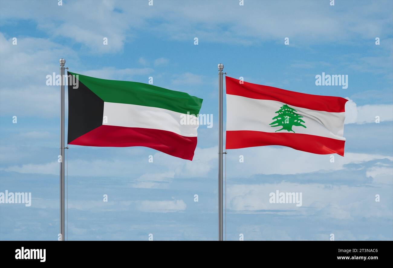 Lebanon and Kuwait flags waving together in the wind on blue cloudy sky ...
