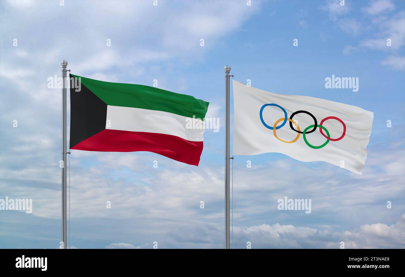 Olympic Games and Kuwait flags waving together in the wind on blue ...