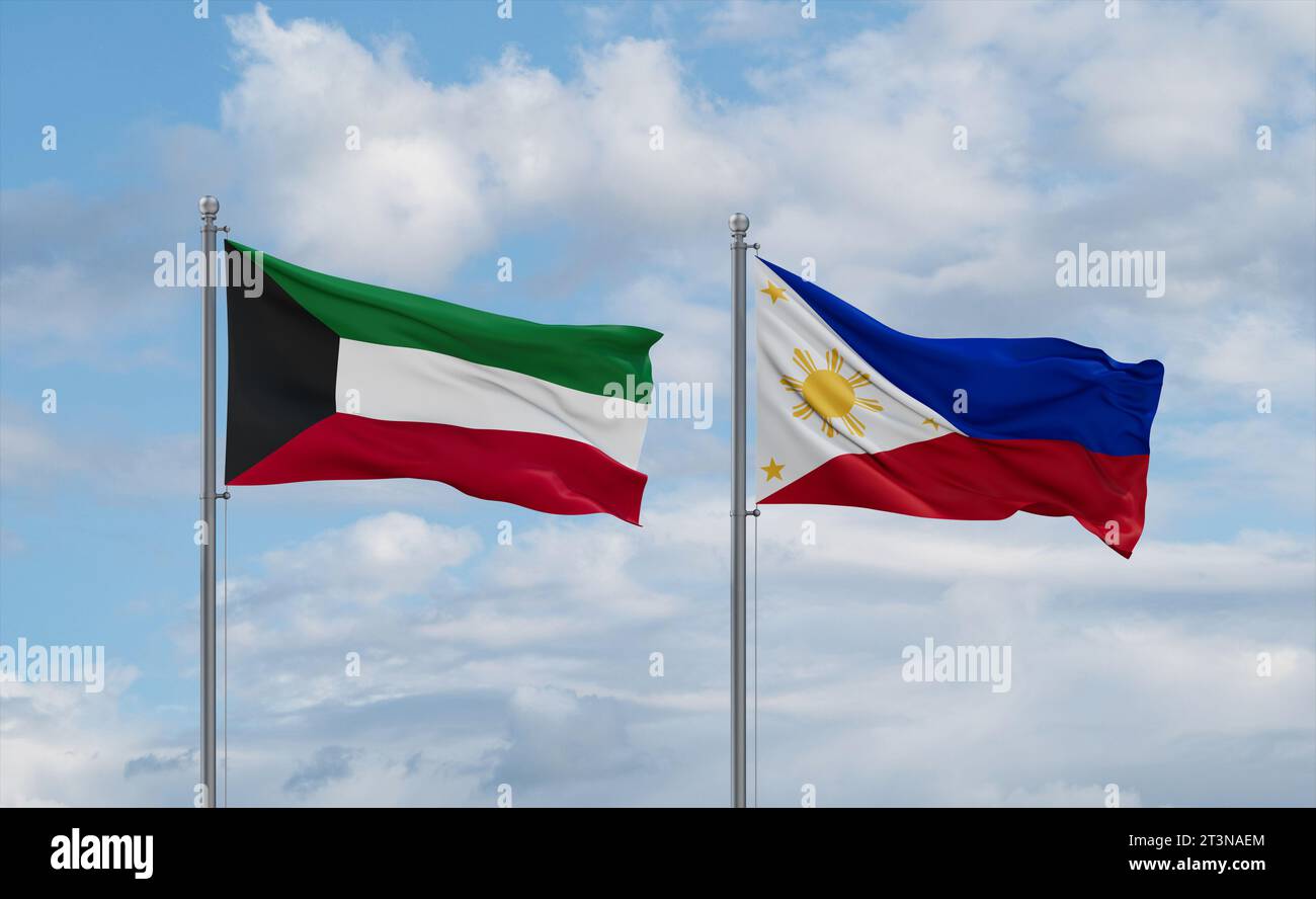 Philippines and Kuwait flags waving together in the wind on blue cloudy ...