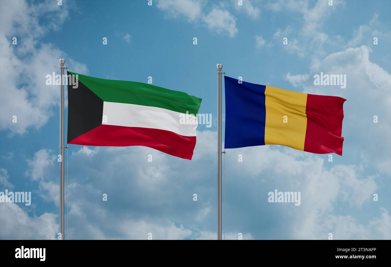 Romania and Kuwait flags waving together in the wind on blue cloudy sky ...