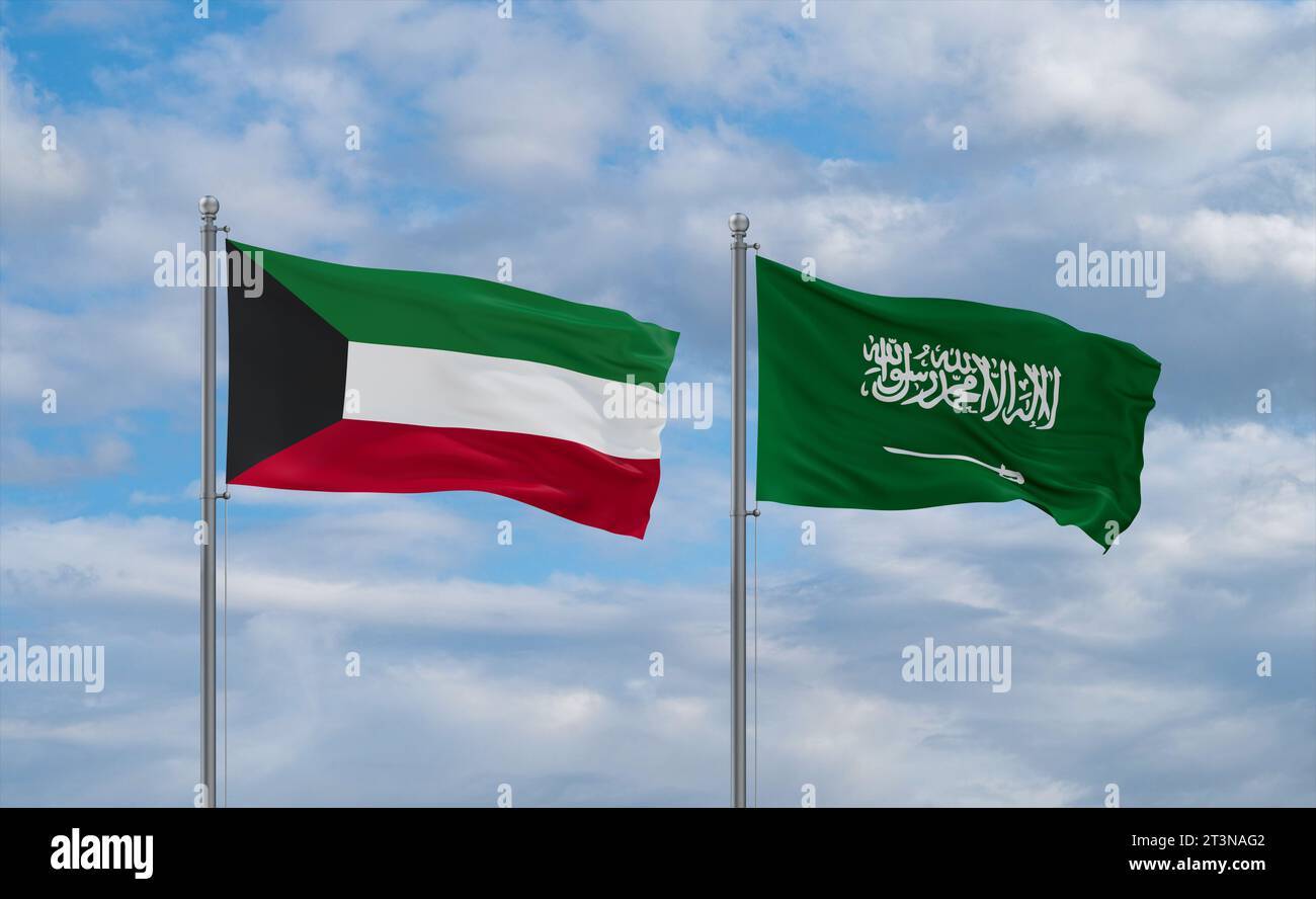 Kuwait and Saudi Arabia flags waving together in the wind on blue ...