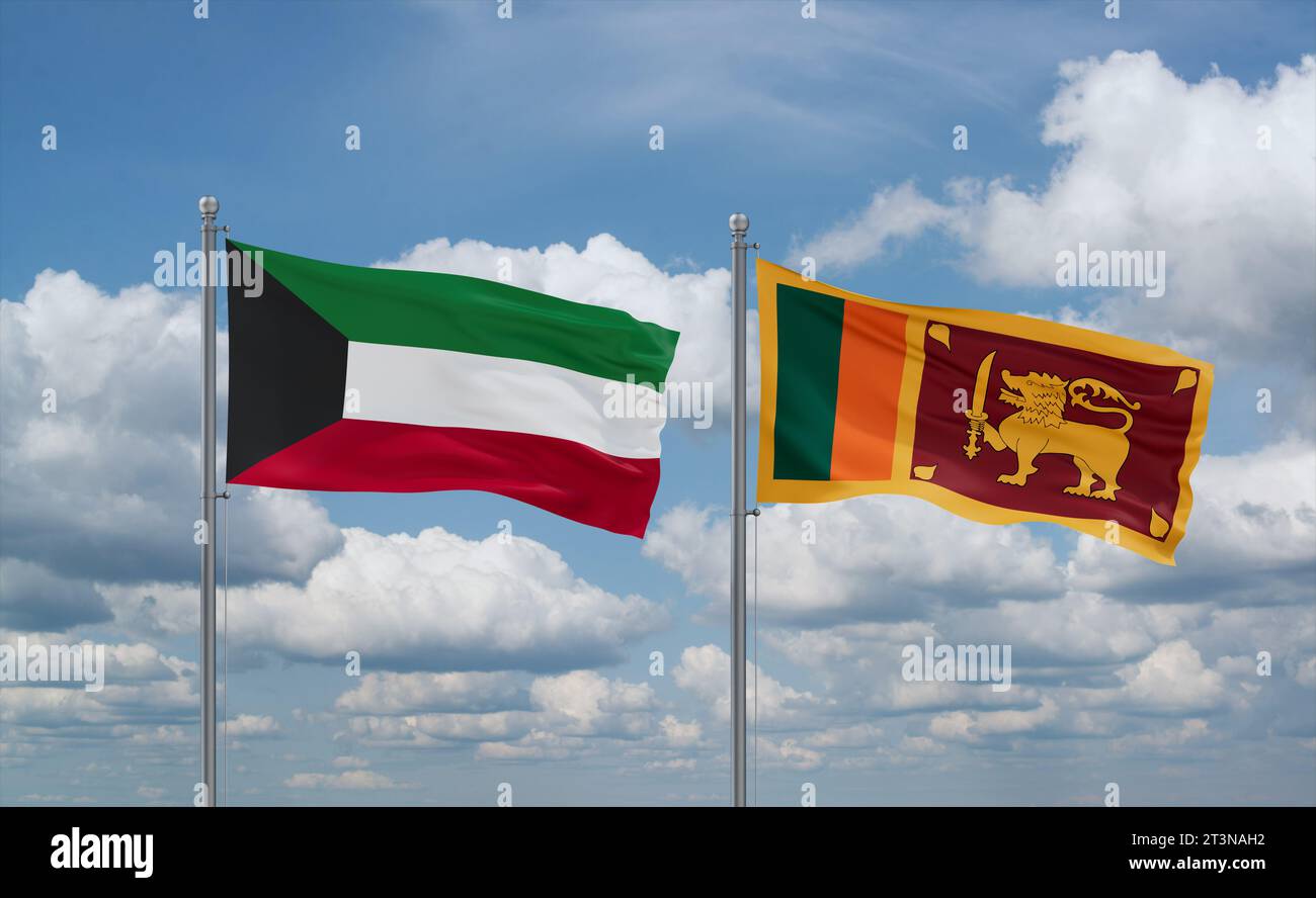 Sri Lanka and Kuwait flags waving together in the wind on blue cloudy ...