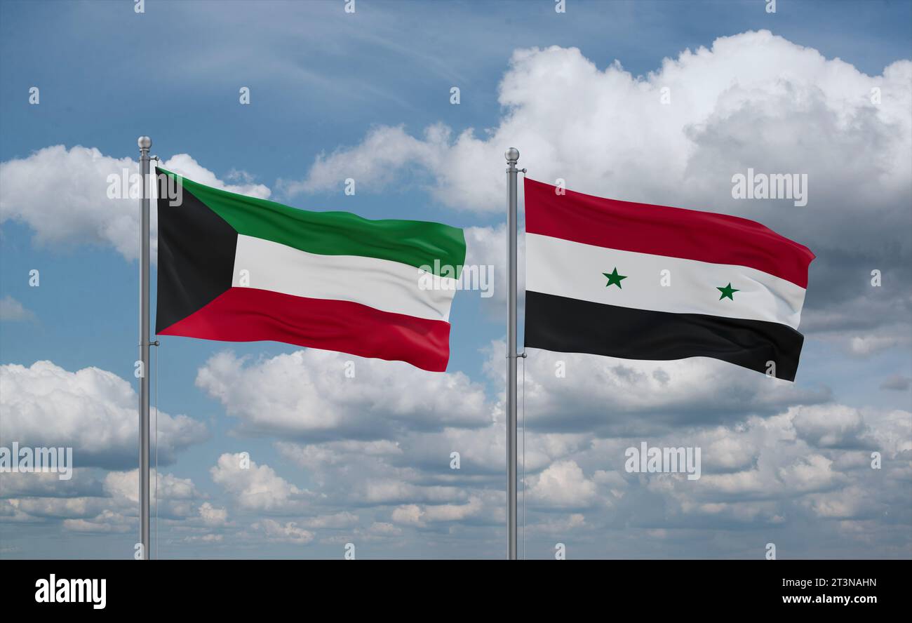 Syrian Arab Republic, Syria and Kuwait flags waving together in the ...
