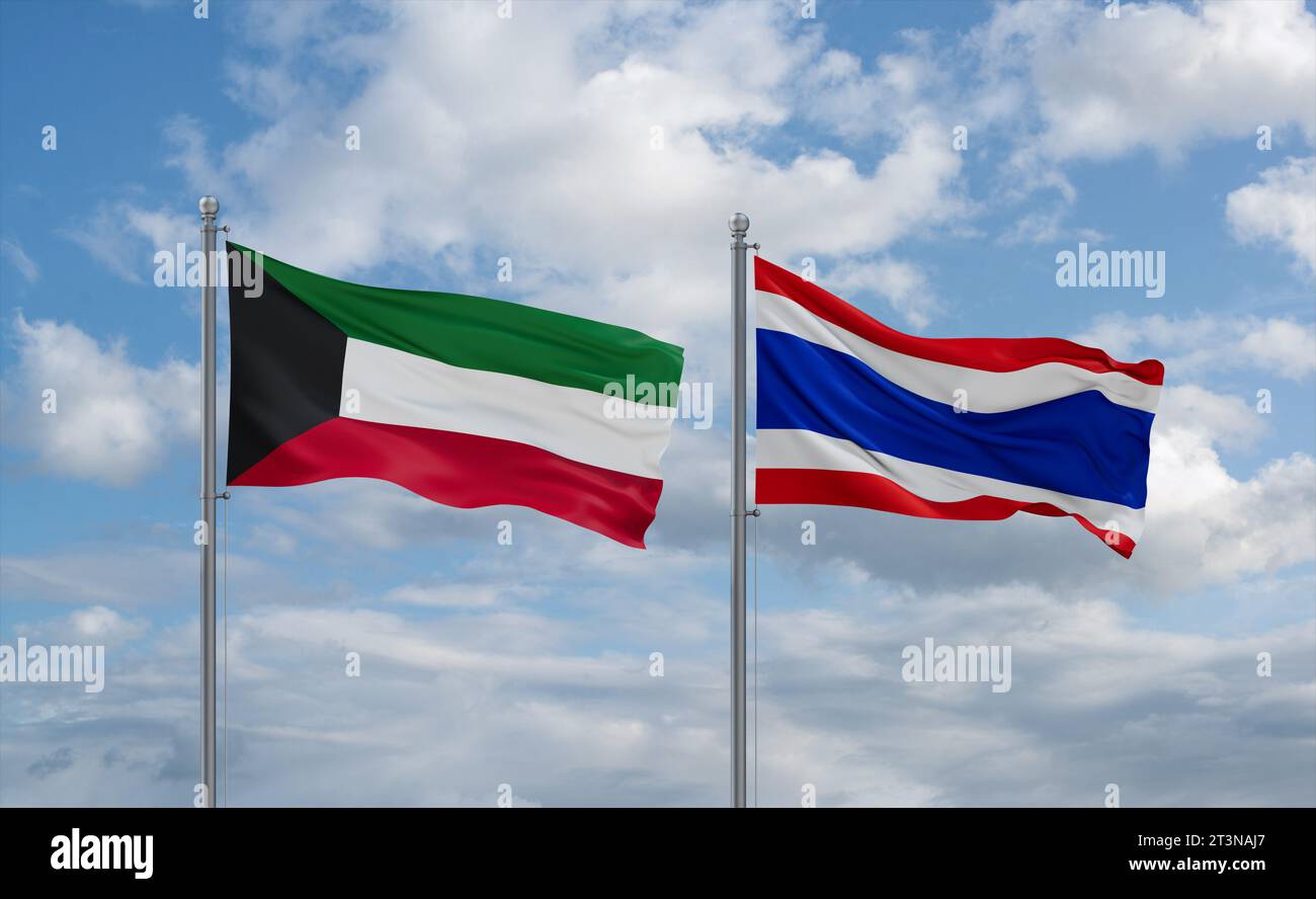 Kingdom of Thailand and Kuwait flags waving together in the wind on ...