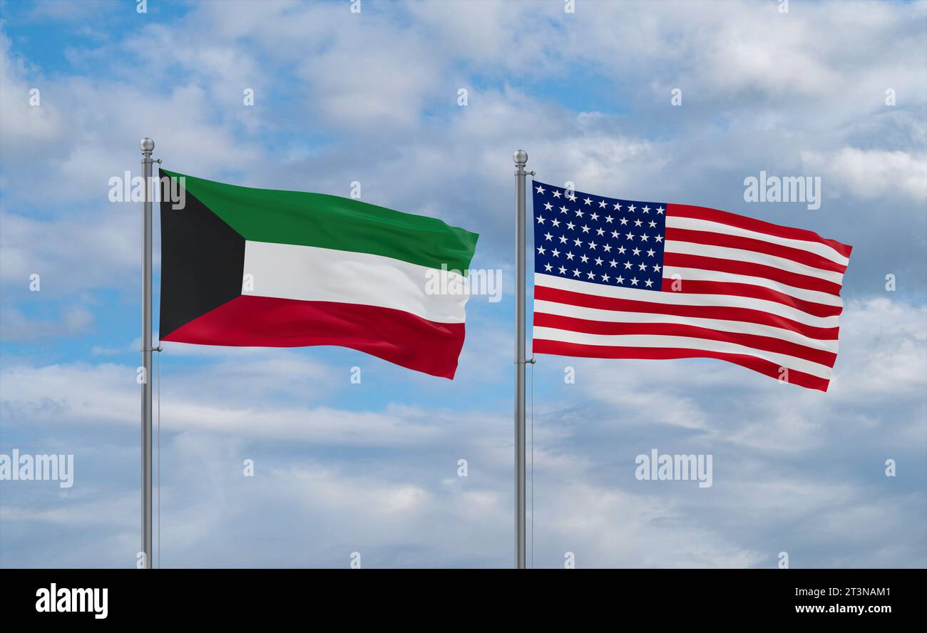 USA and Kuwait flags waving together in the wind on blue cloudy sky ...
