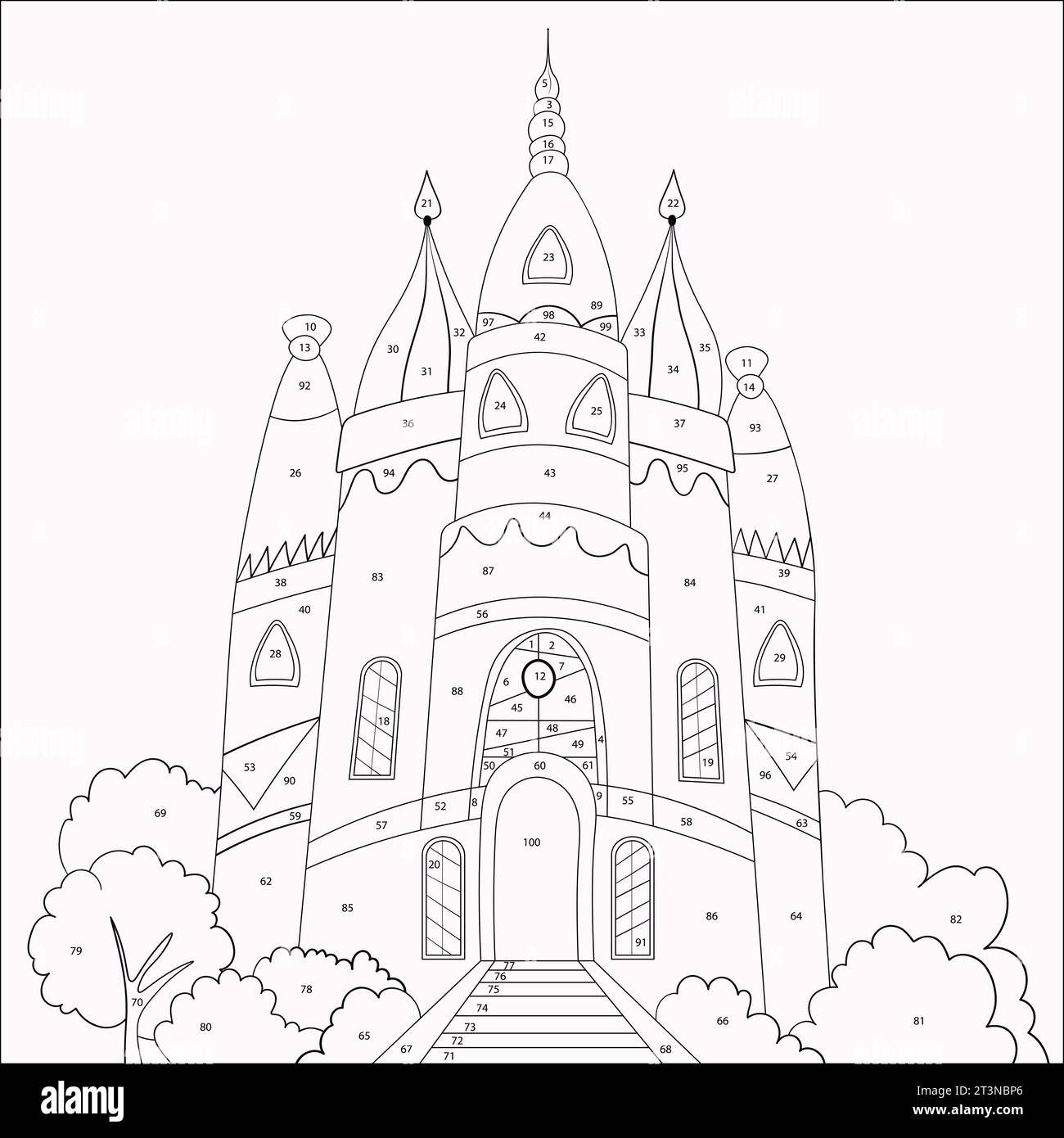 Coloring page for kids with castle, palace. Color by numbers. Coloring ...