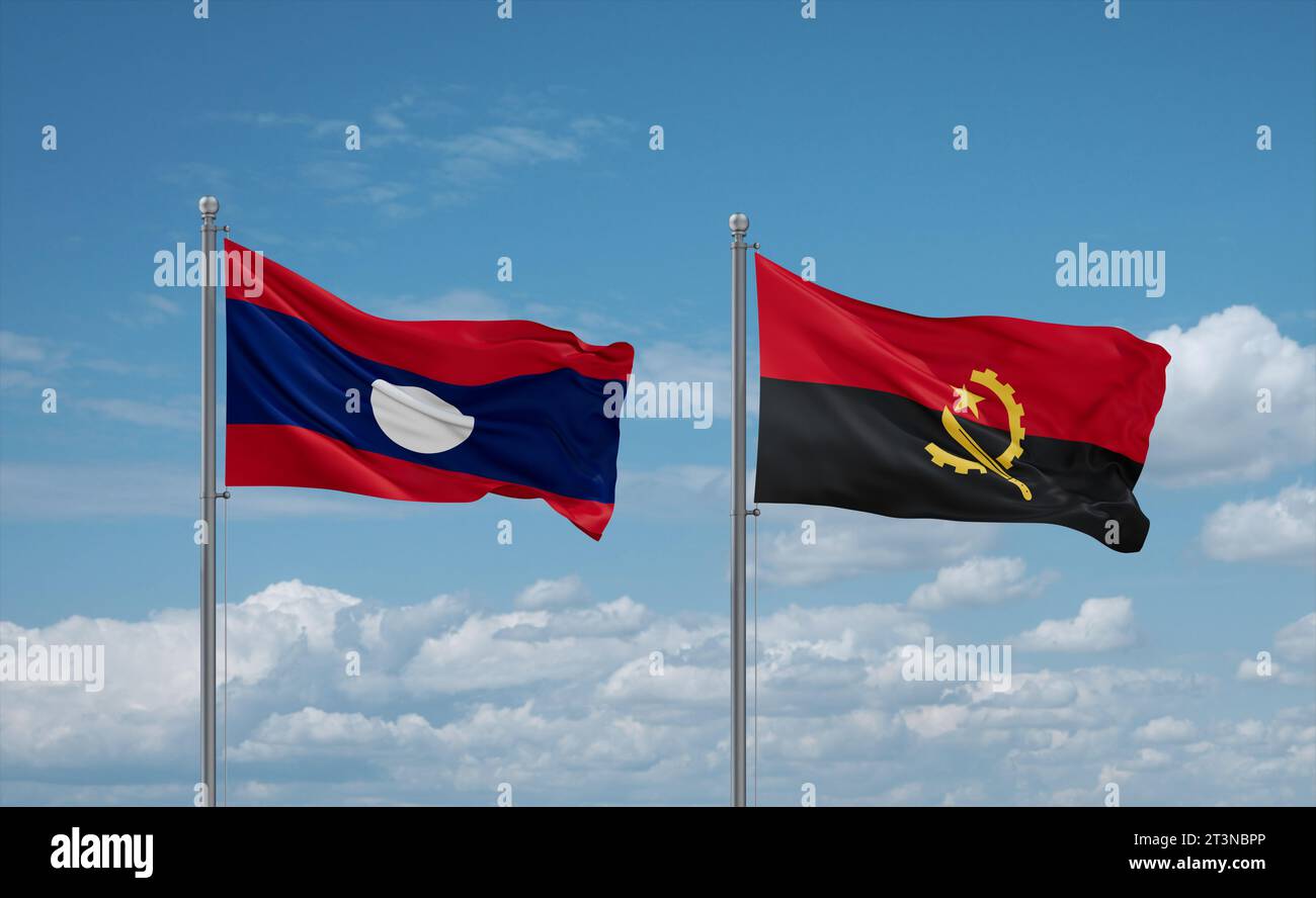 Laos and Angola flags waving together in the wind on blue cloudy sky Stock Photo - Alamy