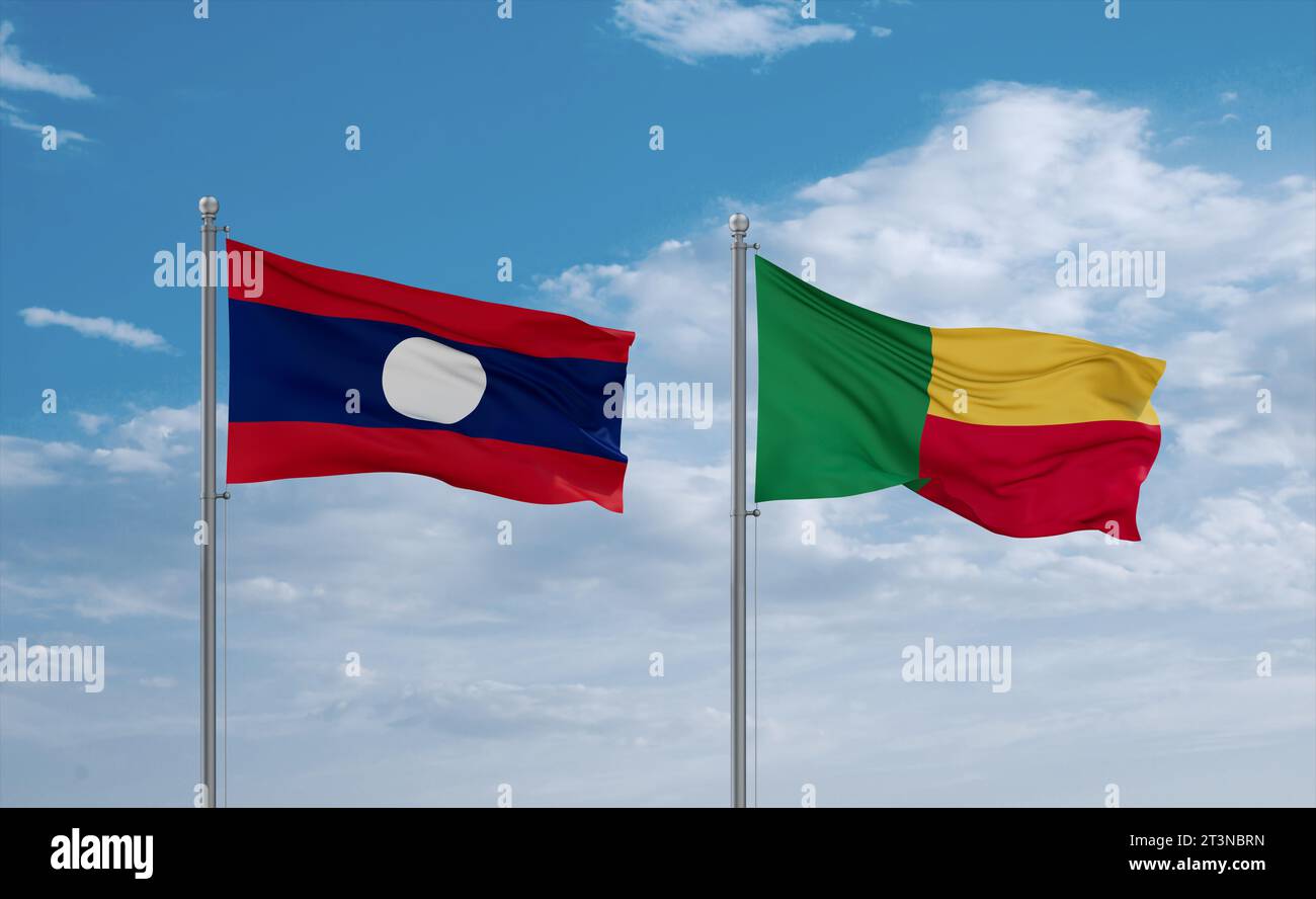 Benin and Laos flags waving together on blue cloudy sky, two country relationship concept Stock ...