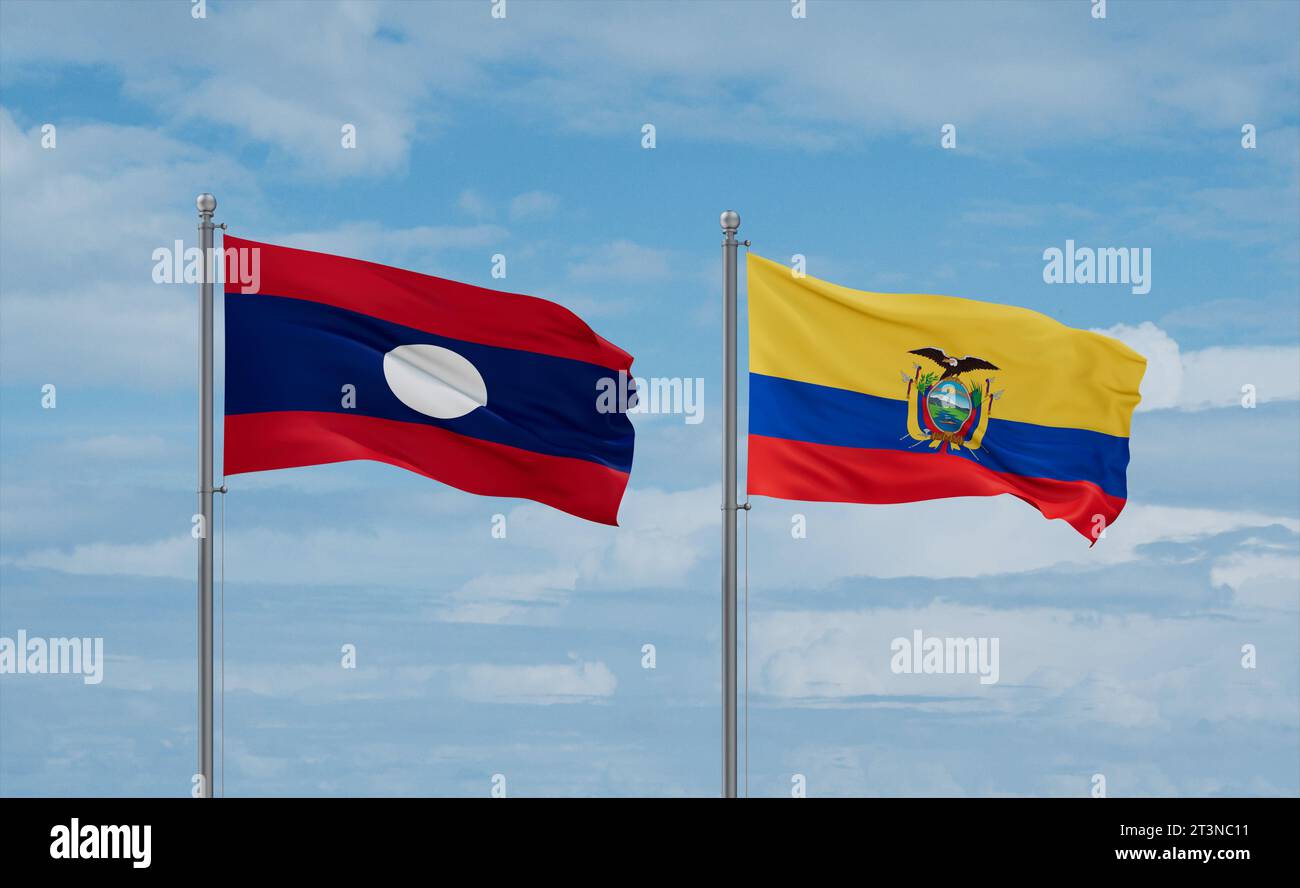 Ecuador and Laos flags waving together on blue cloudy sky, two country ...