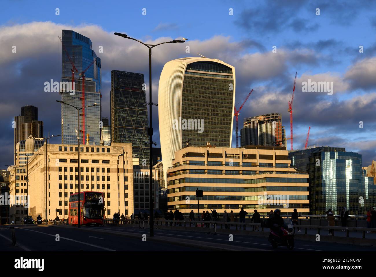 A view across London Bridge of the skyscrapers of the City of London ...