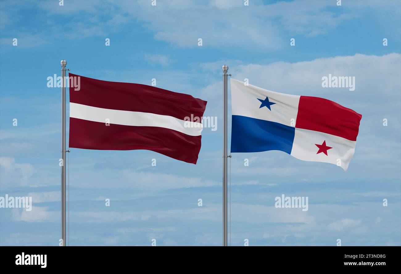 Panama and Latvia flags waving together on blue cloudy sky, two country ...