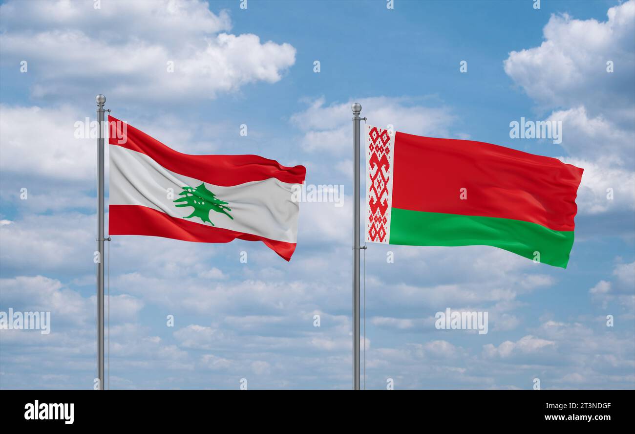 Belarus and Lebanon flags waving together in the wind on blue cloudy ...