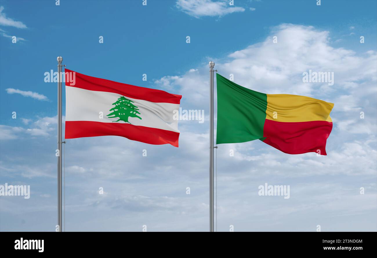 Benin and Lebanon flags waving together on blue cloudy sky, two country relationship concept ...