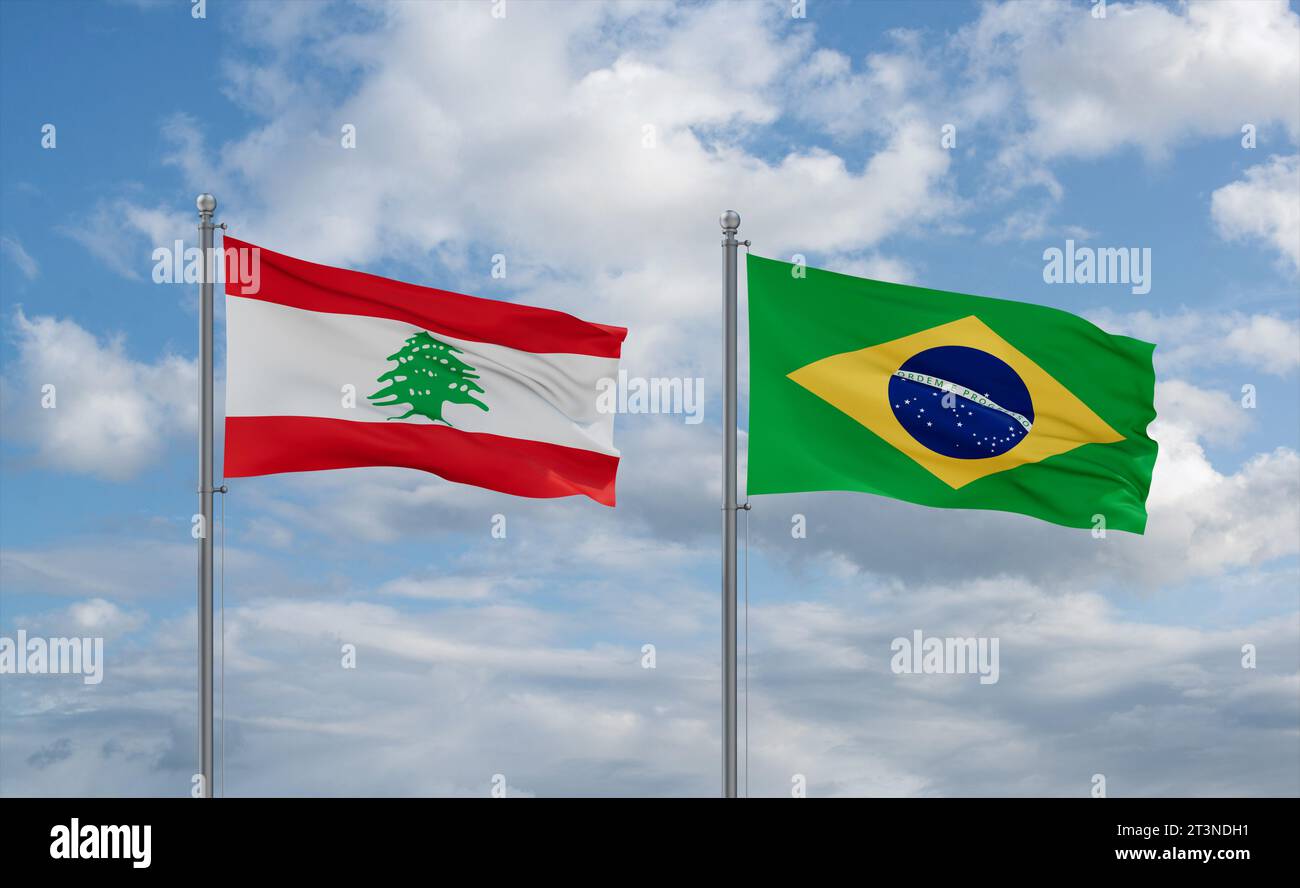 Brazil and Lebanon flags waving together on blue cloudy sky, two ...